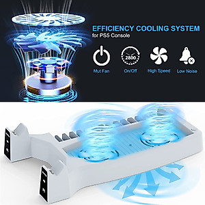 PS5 Vertical Stand Cooling Fan for PS5 Console and Playstation 5 Digital Edition, PS5 Accessories Stand with Dual Controller Charging Station, 2-in-1 Cable and 15 Game Storager