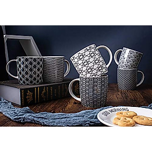 MACHUMA Set of 6 11.5 oz Coffee Mugs with Black and White Geometric Patterns, Ceramic Tea Cup Set