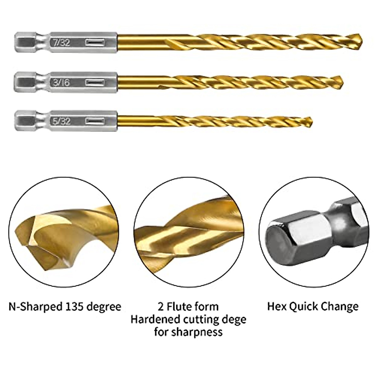 CaRoller Drill Bit Set 13 Piece Twist Hex Shank Quick Change High Speed Steel Titanium Coating for Metal, Aluminum Alloy and Plastic Wood 1/16" to 1/4"