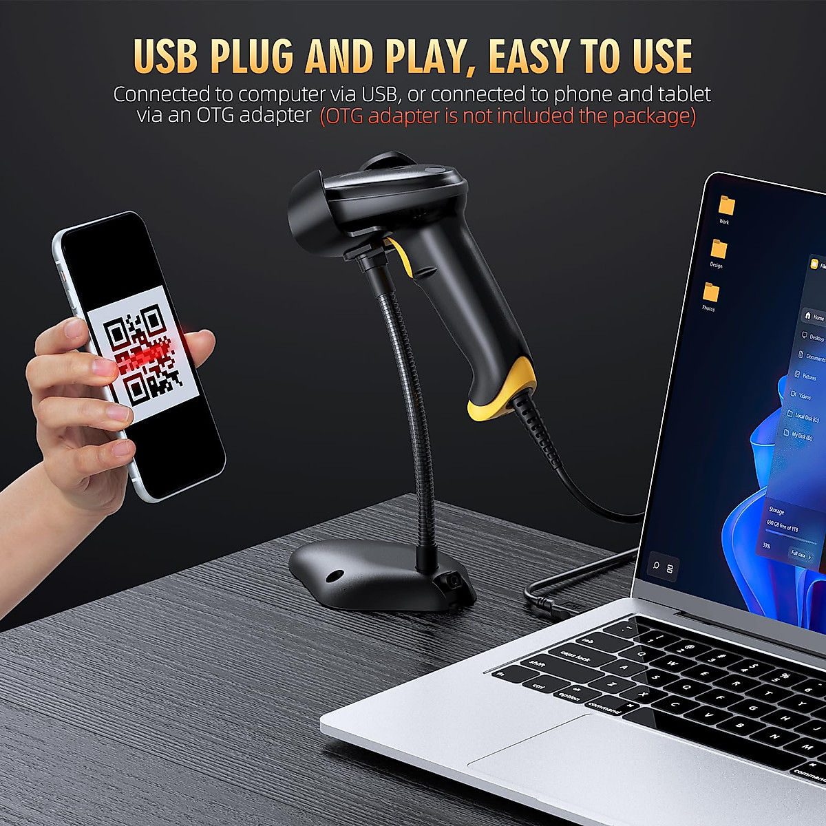 TEEMI 2D Barcode Scanner USB Wired Virtual COM Handheld Automatic QR Data Matrix PDF417 Maxi IMB bar Codes Imager Global Shutter Computer Screen Scan for Windows Mac and Linux PC POS, No Stand