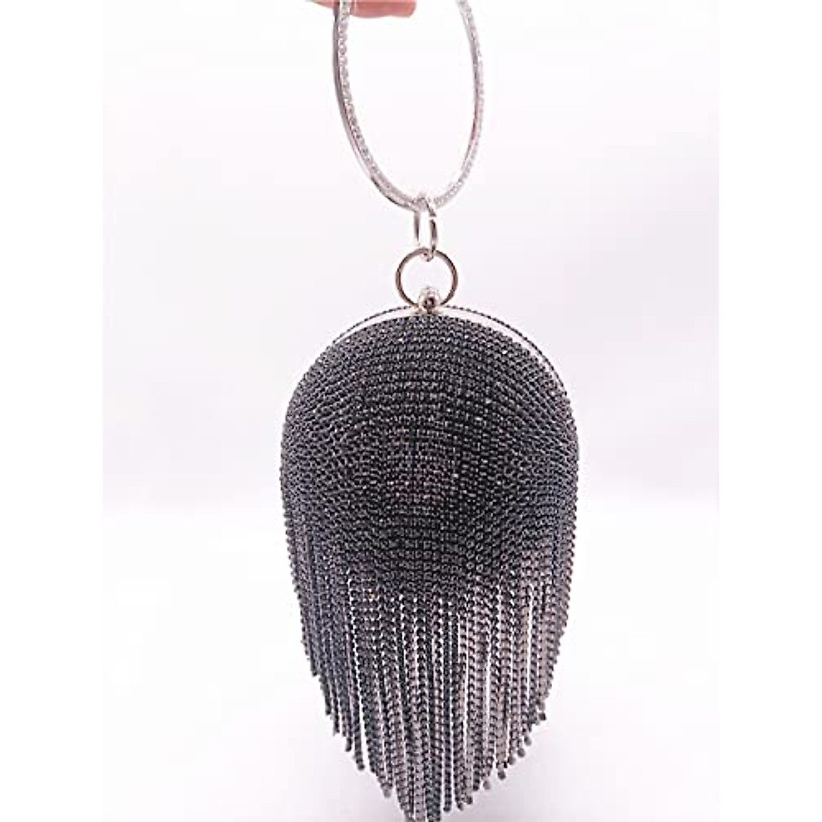 Womans Round Ball Clutch Handbag Dazzling Full Rhinestone Tassles Ring Handle Purse Evening Bag Women Round Ball Crystal Evening Clutch Purse Tassel Wedding Party Handbags (Black)