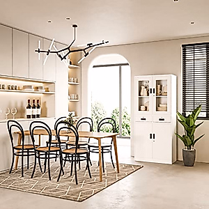 PEUKC Kitchen Pantry Cabinet, 71" Freestanding Kitchen Pantry Storage Cabinet with Drawer and Adjustable Shelves, Metal Tall Pantry Cabinet Cupborad with Glasses Doors, White