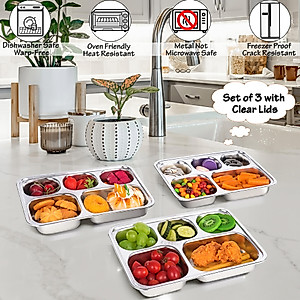 Stainless Steel Snack Containers with Lids - 3 Pack - 5 Compartments Bento Snack Boxes - Reusable Meal Prep Lunch Containers for Kids Adults - Divided Food Storage Containers for School Home Travel