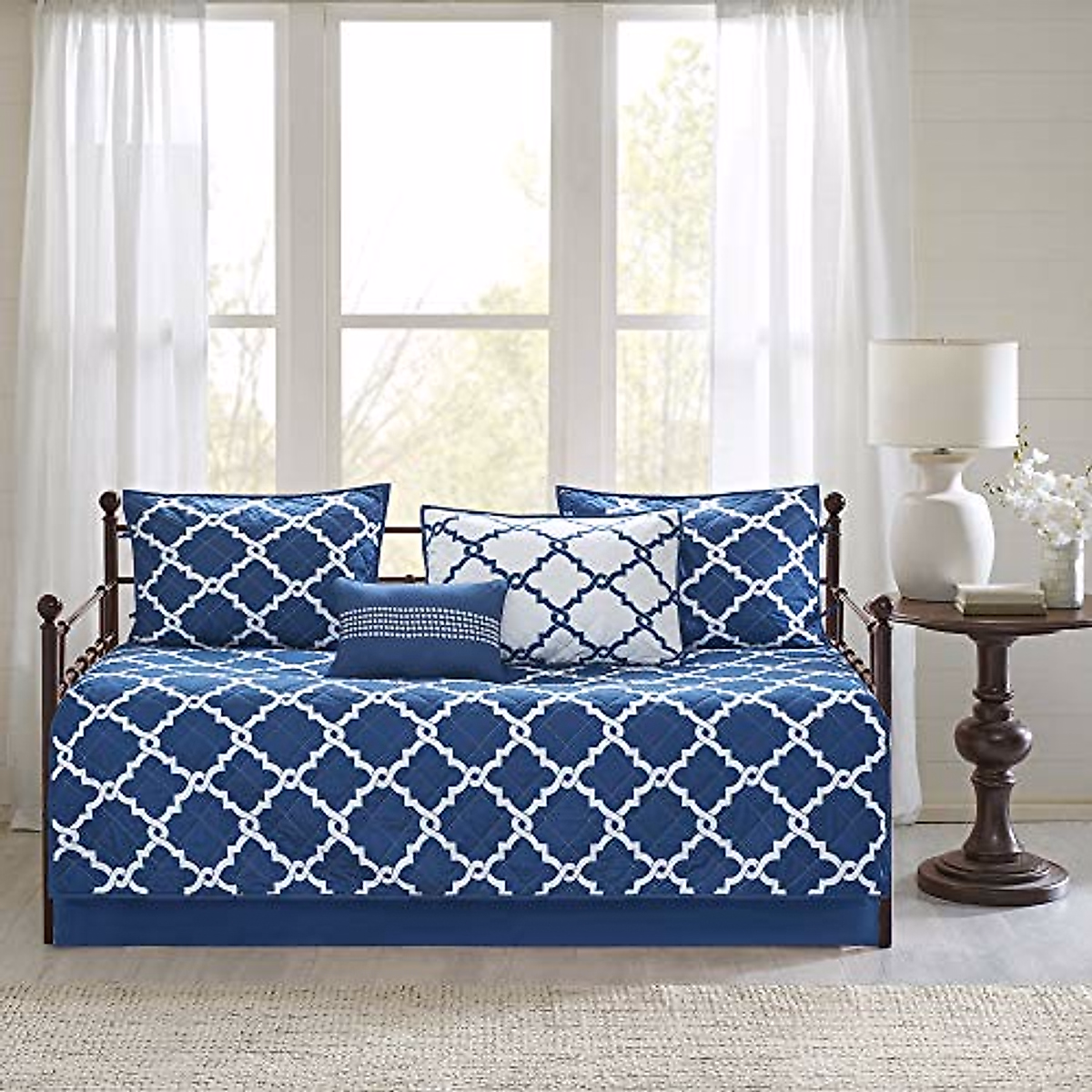 Madison Park Essentials Merritt Reversible Daybed Cover-Fretwork Print, Diamond Quilting All Season Cozy Bedding with Bedskirt, Matching Shams, Decorative Pillow, 75"x39", Navy 6 Piece
