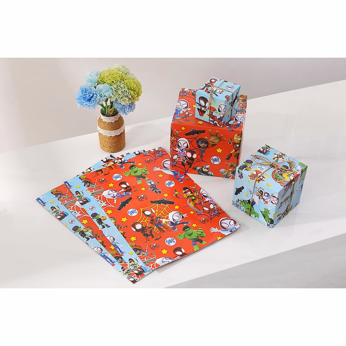 ZEZGERS 6PCS Spidey Wrapping Paper,Spidey Gift Wrap Bulk Art Paper Folded Flat for Birthday Party, Nursery Decorations, Classroom Favors DIY Crafts Gift.