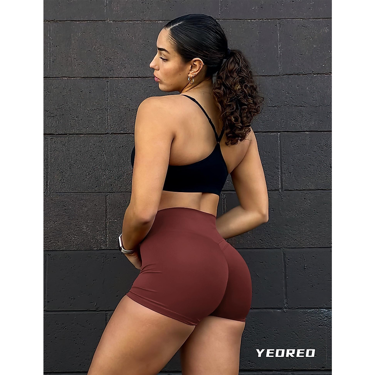 YEOREO Workout Biker Shorts for Women Athletic Scrunch Butt High Waisted Running Gym Shorts Yoga Tummy Control Spandex Burgundy S