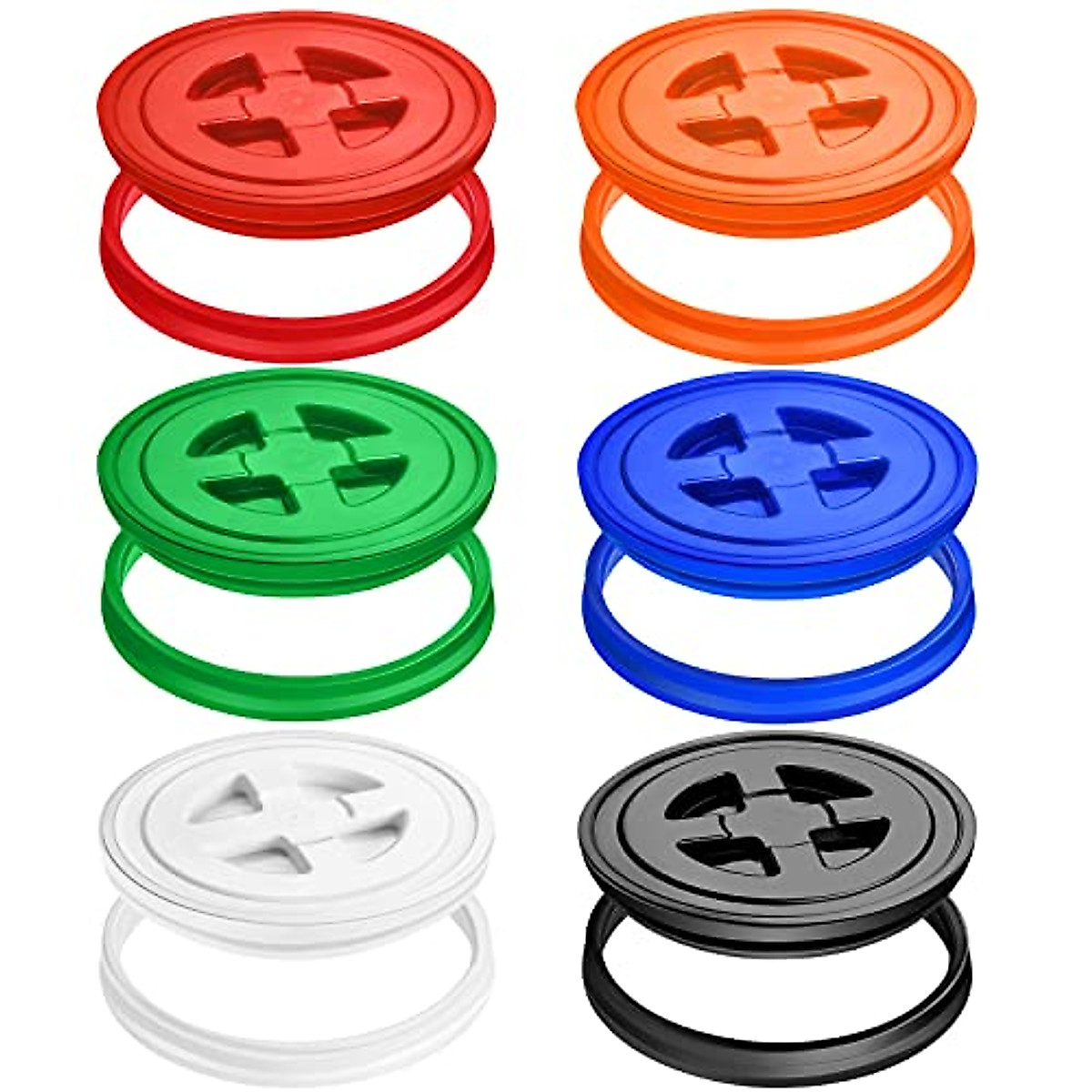 Aodaer 6 Pieces 5 Gallon Seal Lid Bucket Lids Leak Proof Screw Top Sets Plastic Storage Bucket Seal Lids for Cereals Grain Pet Food Coatings Paint Storage, Black, Red, Green, White, Blue, Orange