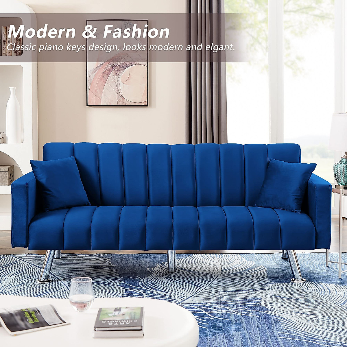 AWQM Sofa Bed, Upholstered Convertible Sofa Bed with 2 Pillows, Modern Velvet Sleeper Sofa Couch with Wooden Frame and Metal Legs, Small Couch for Living Room Bedroom Office (Blue)