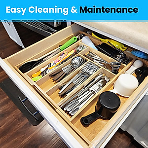 LifeReorganized Organize Your Kitchen, Makeup & Jewelry w/Expandable Bamboo Drawer Organizer Tray-Silicone Feet, Cutlery Flatware & Silverware Knife Fork Spoon Cosmetics-Keep Countertop Organized!