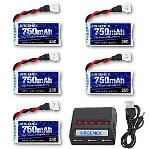 URGENEX 3.7V Lipo Battery 750mAh 25C Rechargeable 5 Pack Lipo Batteries with Molex Plug 5 in 1 Charger for Syma X5 X5SW X5C X5C1 RC Quadcopter Drone Spare Parts