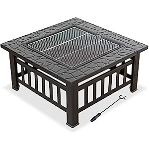 LEAYAN Garden Fire Pit Grill Bowl Grill Barbecue Rack Fire Pit,Outdoor Wood Burning Firebowl Fireplace Poker Spark Screen Retardant Mesh Lid Extra Deep Large Square Deck Heavy Duty Metal Grate