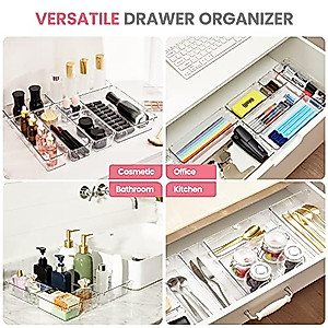 HOUSE DAY Makeup Drawer Organizer Trays 17 PCS, 4-Size Clear Drawer Organizers with Silicone Pads, Vanity Organizers and Storage, Non Slip Plastic Drawer Organizer for Desk, Bathroom, Kitchen, Office