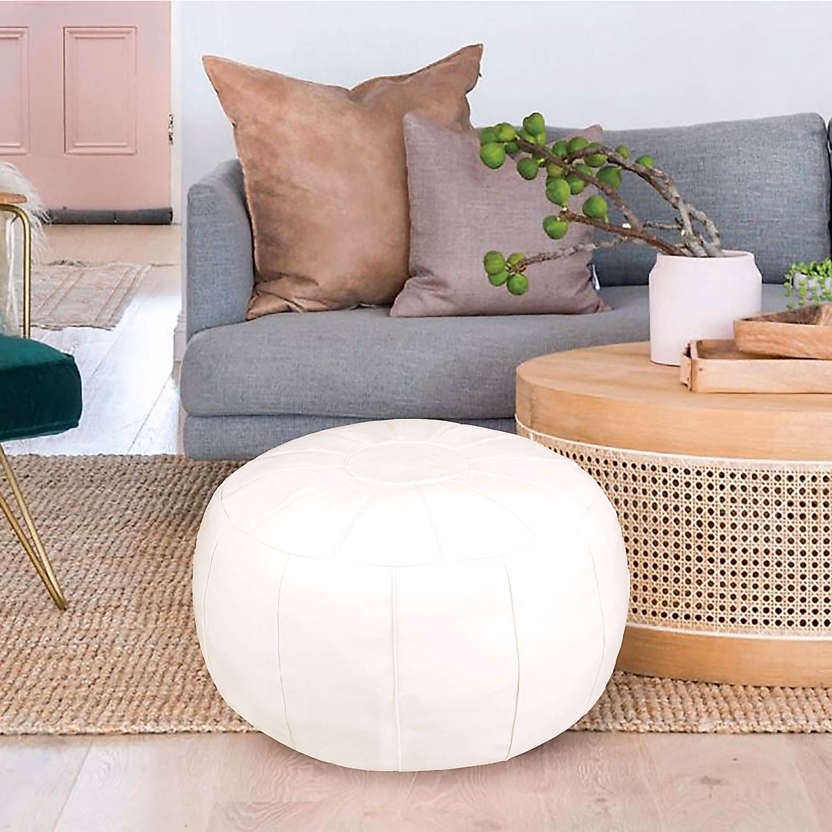 zefen Unstuffed Pouf Foot Stool Round Decorative Leather Ottoman Cushion Storage seat or for Resting Your Feet on, Floor Chair Foot Living Room Bedroom Kids Room and Wedding (White)