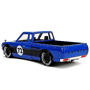 1972 Datsun 620 Pickup Truck #72 Blue Metallic with Black Stripes and Hood Toyo Tires with Extra Wheels Just Trucks Series 1/24 Diecast Model Car by Jada 34193
