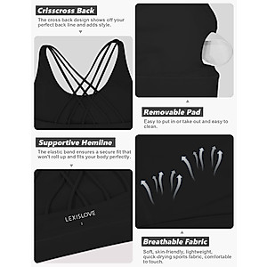 LEXISLOVE Strappy Sports Bras for Women Criss Cross Back Medium Support Workout Yoga Padded Sports Bra with Removable Cups Black L