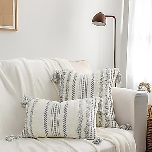 decorUhome Decorative Boho Throw Pillow Covers 12x20, Lumbar Accent Neutral Tufted Pillow Covers for Couch Bed Sofa, Textured Striped Woven Pillow Covers, Grey and Cream White, Pack of 1