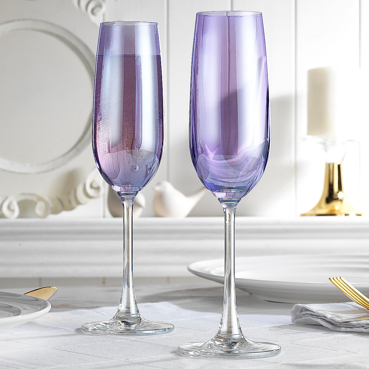 Home to Table Elegant Purple Flute Champagne Glasses Set of 4, 7oz With Stem - Fancy Glass Cups - Modern Unique Drinking Glasses for Home, Dinner Table, Parties