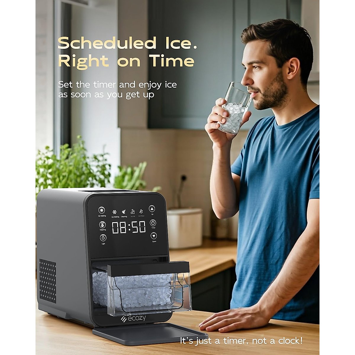 ecozy Nugget Ice Maker Countertop, Intuitive Ergonomic EcoScreen with One-Touch Timer, 33Lbs/24H Pebble Ice Maker Machine, Pull-Out Ice Basket with 3Lbs Storage, Self-Cleaning for Drinks & Cocktails