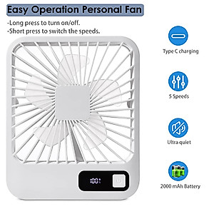 Venanoci LAAAZY Small Desk Fan, Portable USB Rechargeable Fan, Tilt Folding Personal Mini Fan with 2000mAh Battery and LCD Display, Strong Wind, Ultra Quiet, 5 Speed Modes for Office, Home, Camping