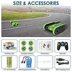 2-in-1 Remote Control Car, Rechargeable Remote Control Crawler for Kids Age 3 Years and up, Changeable Wheels, Double-side 360° Flips, LED Headlights, Fast Stunt Toy Race Cars for Toddlers-Green