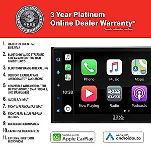 BOSS Audio Systems Elite Series BE950WCPA Wireless Apple CarPlay Android Auto Car Multimedia Player - 6.75 Inch Capacitive Touchscreen, Bluetooth, No DVD, Multicolor Illumination, High Resolution FLAC