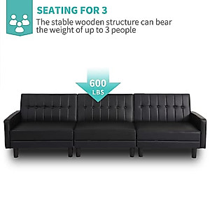 URRED Futon Sofa Bed Loveseat Sofa Sleeper, Loveseat Sofa Bed Tufted Design with Adjustable Backrest and Side Pockets (Black-3 Seats)