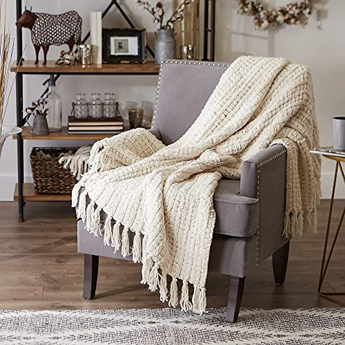 DII Chenille Luxury Thick Woven Throw with Fringe, 50x60, Cream