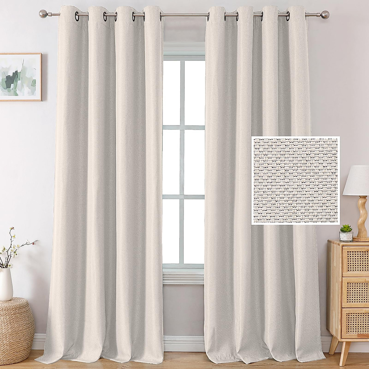 H.VERSAILTEX Linen Curtains Black Out Curtains for Bedroom Windows Noise Reducing Thermal Insulated Darkening Curtains for Living Room 2 Panels Set Grommet Curtain Panels 52 x 84 Inch, Heather Ivory