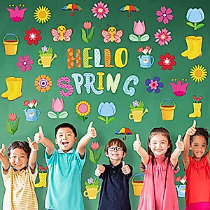 68 Pcs Hello Spring Cut Outs with 100 Pcs Glue Points Spring Floral Cut Outs Spring Bulletin Board Set Flower Plants Spring Cutouts Bulletin Board Decorations for Classroom School Game (Fresh Style)