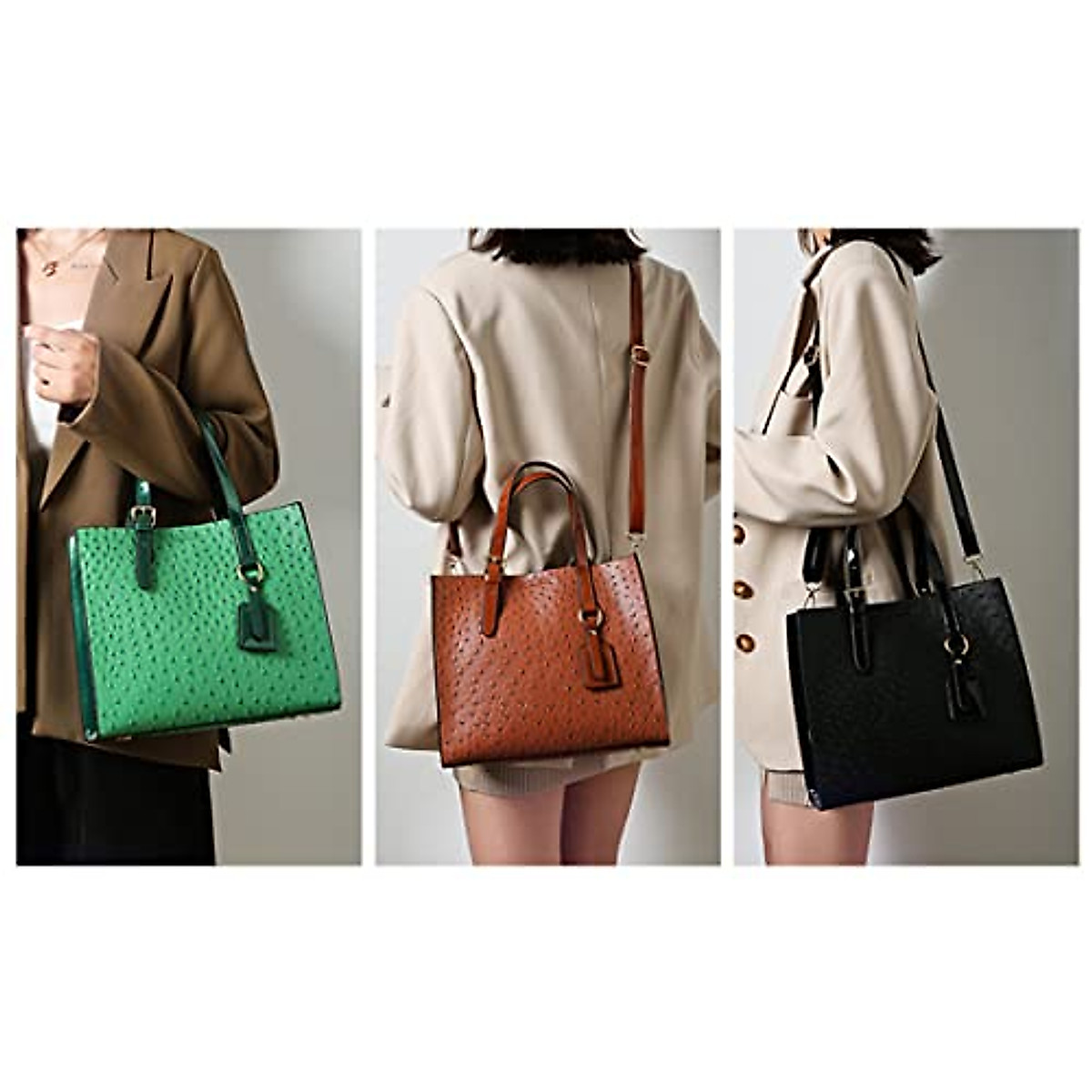Patent Strap Shoulder Bags Ostrich Pattern Handbags 3pcs Hobos with Matching Wallet Tote Purse (Brown)