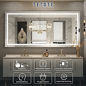TETOTE LED Bathroom Mirror LED Mirror 60 x 28 Bathroom Mirror with Lights Bedroom LED Vanity Mirror Makeup Mirror Dimmable Anti-Fog Wall Mounted Birthday Gift Room Decor