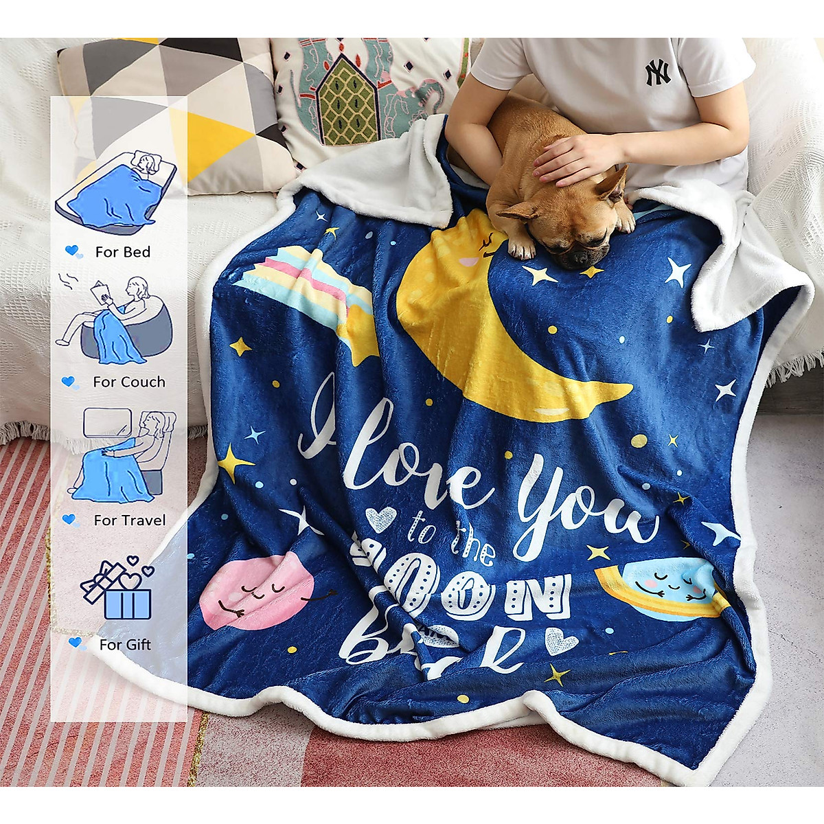 Moon Throw Blanket, I Love You to The Moon and Back Blanket Cute Cartoon Celestial Stars Throw Blanket Super Soft Gifts Throw for Kids and Adults (47" x 60")