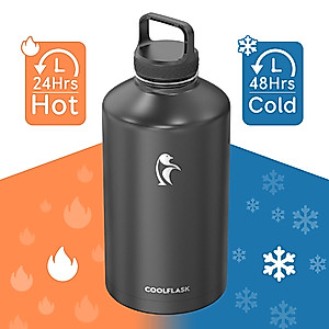 Coolflask Gallon Water Bottle Insulated with Straw&3 Lids, 128 oz Water Jug Large Stainless Steel Metal Vacuum Wide Mouth for Sports, Gym or Office, Non-BPA Keep Cold 48H Hot 24H, Magic Black