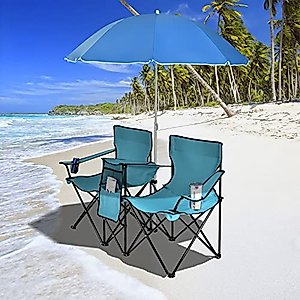 ARLIME Double Folding Beach Chairs, Outdoor Picnic Portable Loveseat Chairs with Removable Umbrella & Mini Table Carrying Bag, Camping Chair for Patio, Pool, Park (Turquoise)