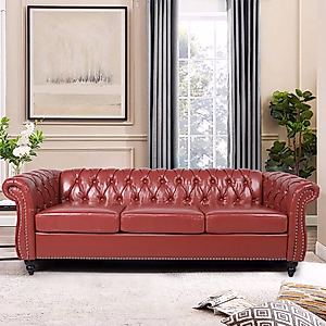 LEVNARY Chesterfield Sofa, Classic Tufted Upholstered Leather Couch, Modern 3 Seater Couch Furniture with Tufted Back for Living Room Office (Wine Red)