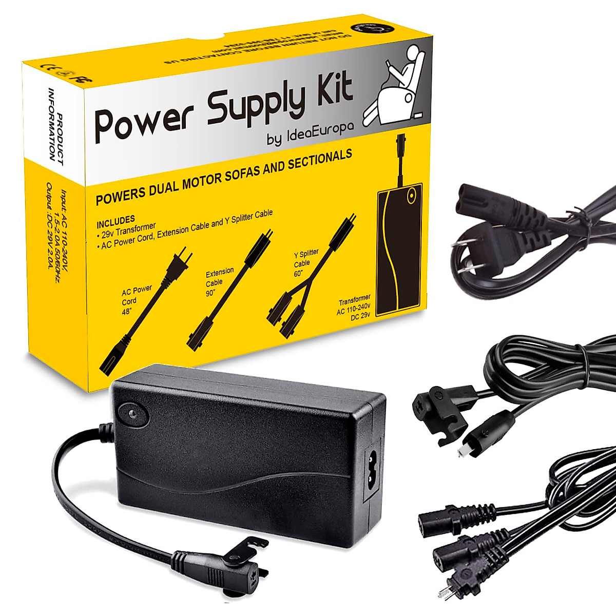 Universal Dual Power Supply Transformer Kit for Electric Reclining Furniture Power Recliner, Lift Chairs, Sofa or Sectionals - 29V 2A AC Power Cord Cable, Extension Cable and Y Cable (Not a Battery)