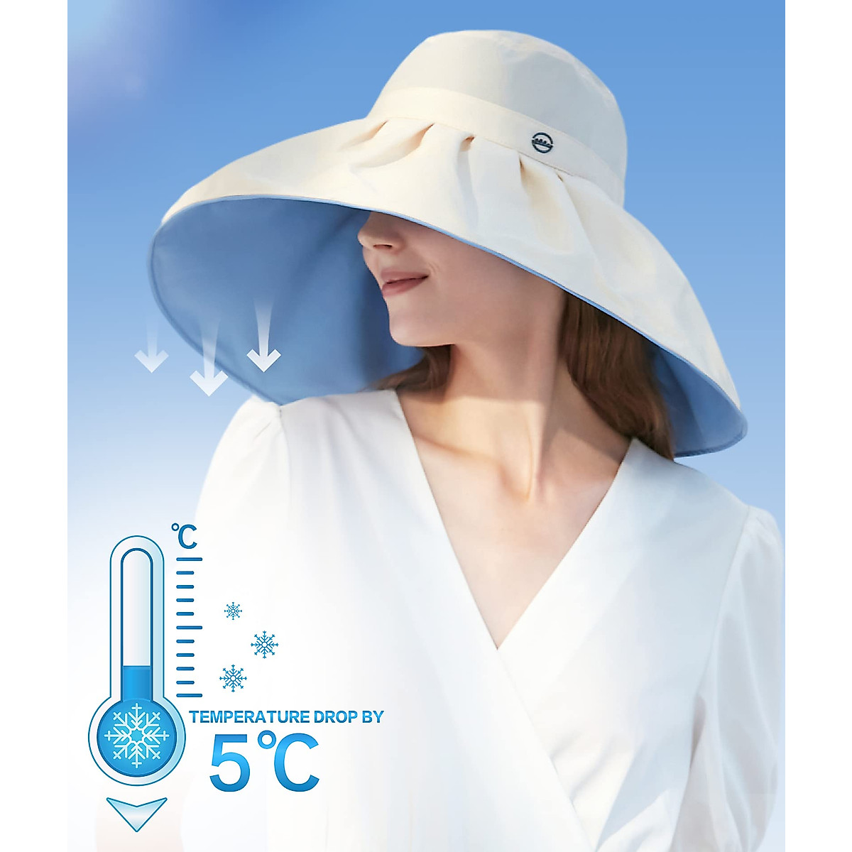 BENEUNDER Large Brim Floppy Sun Hats for Women Summer Beach Sun Hat Foldable UPF 50+ (Ivory)