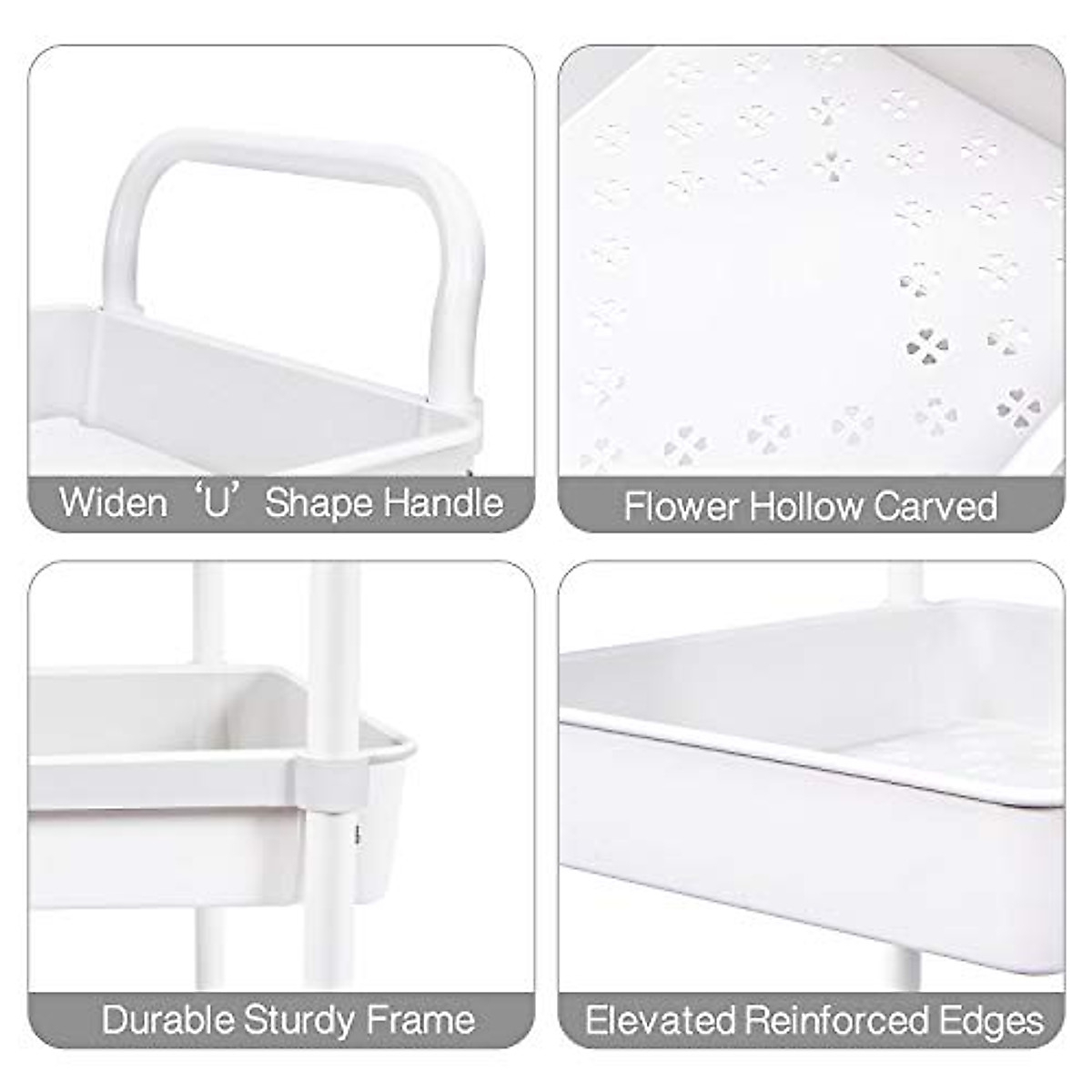 TOOLF 3-Tier Storage Rolling Cart, Kitchen Utility Cart with Wheels, Plastic Organiser Cart Rolling Trolley Shelving Unit, Storage Rack, Fruit Vegetable Rack