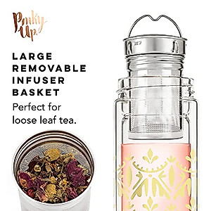 Pinky Up Blair Insulated Travel Infuser Mug - Double-Walled Glass, Stainless Steel, Travel Tea Bottle Flask - Loose Leaf Tea Infuser, 16 Oz, Casablanca Gold