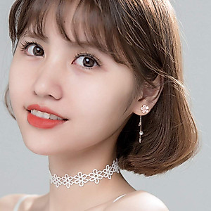 Dainty Cherry Blossoms Dangle Stud Earrings S925 Sterling Silver for Women Girls Rose Gold Pink Crystal CZ Diamond Dangling Charm Flower Leaf Threader Earring Ear Jackets Cute Jewelry Gifts Bridesmaid