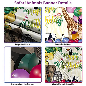 Happy Birthday Banner for Jungle Safari Theme Birthday Party Decorations, Fabric Animal Zoo Theme Birthday Party Backdrop Tropical Forest Poster for Boys Girls Birthday Party Wall Supplies, 185*110cm