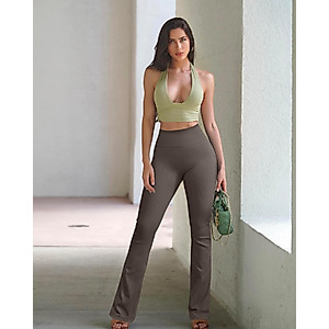 OQQ Women's 2 Piece Yoga Pants Ribbed Seamless Workout High Waist Bell Bottoms Flare Leggings Black Tea Leaf