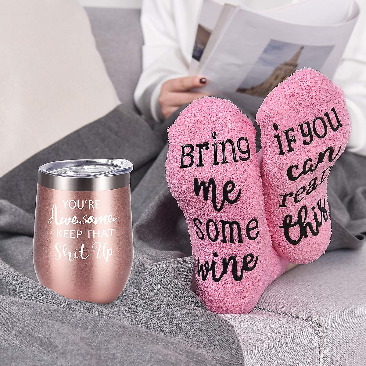Wine Tumbler Cupcake Wine Socks Gift Set, Birthday Christmas Gift for Her Women Girlfriend Lover Girls, You're Awesome 12 Oz Stainless Steel Wine Tumbler with Lid, Socks, Bottle Opener, Wine Stopper