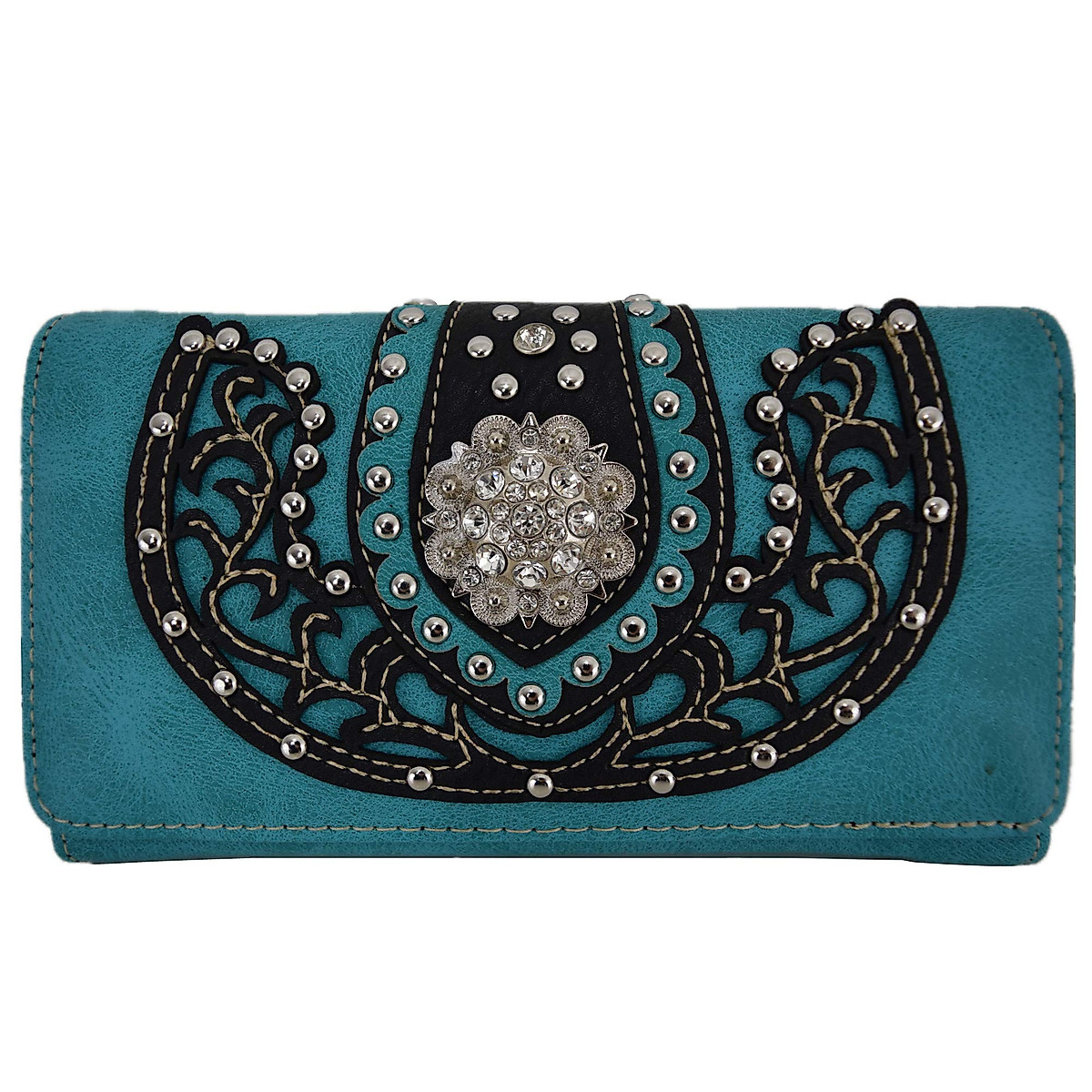 Western Style Rhinestone Concho West Concealed Carry Purse Country Handbag Women Shoulder Bag Wallet Set (Turquoise Set)