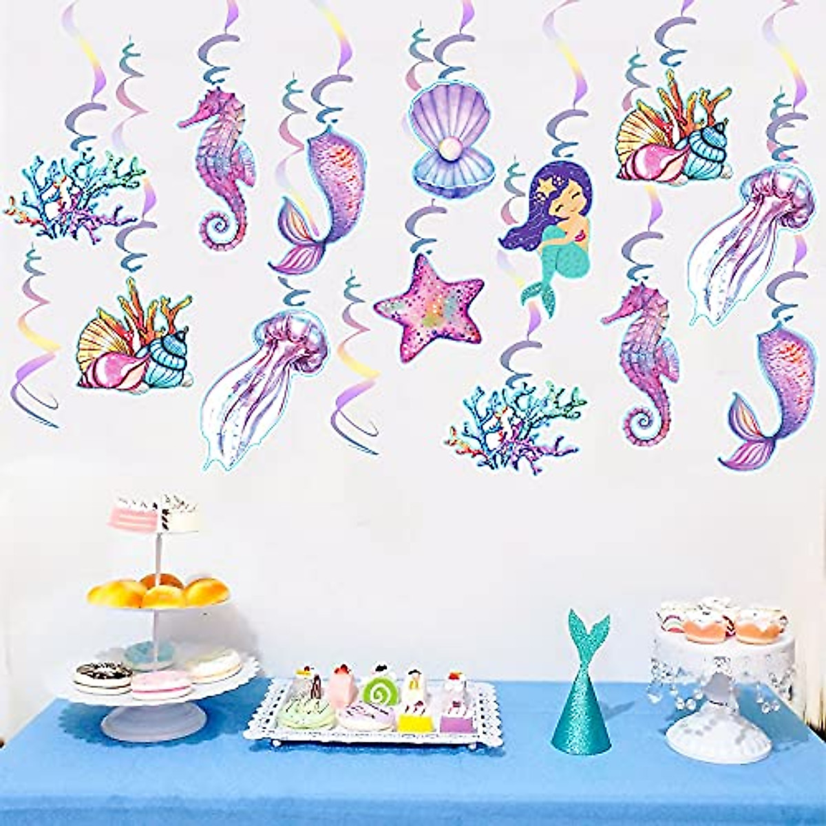UOMNICUE Mermaid Hanging Swirl Decorations,20 PCS Double Sided Print Mermaid Themed Foil Swirls Dangling Ceiling Streamers Wall Decals for Kids Girls Birthday Baby Shower Under the Sea Party Supplies
