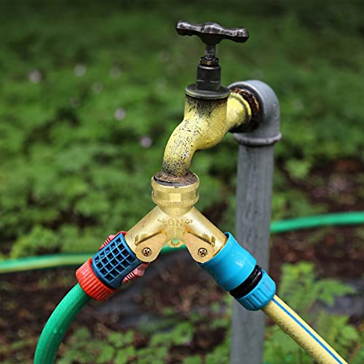 6 Pieces Heavy Duty Garden Hose Connector Y Tap Splitter Garden Hose Splitter Water Faucet Splitter 2 Way Outdoor Hose Faucet Adapter 2 Valves Hose Spigot Adapter Plus 24 Extra Rubber Washers