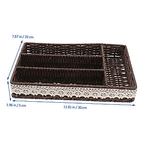 Cabilock Rattan Flatware Basket Kitchen Utensil Drawer Organizer with Dividers Natural Wicker Serving Basket Flatware Cutlery Organiser Tray for Flatware and Kitchen Utensils