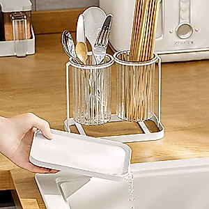 janebeauties Kitchen Utensil Holder for Countertop, Silverware Caddy with Metal Rack, Flatware Storage Cutlery Crock,Plastic 2-Cups Utensil Caddy Drying Utensil Container With Drain Tray for Party