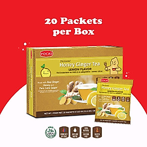 Pocas Honey Ginger Tea - Instant Tea Powder Packets with Lemon & Ginger Honey Crystals Tea, Non-GMO/Gluten Free/Caffeine Free Tea, 20 Count (Pack of 2)