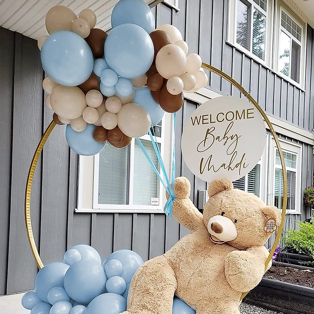 Blue Brown Balloons Teddy Bear Baby Shower Garland Arch Kit Decorations with 147Pcs Blush White Sand Balloon for Jungle Safari Woodland Themed Wild One 1st Birthday Wedding Thanksgiving Boho Party